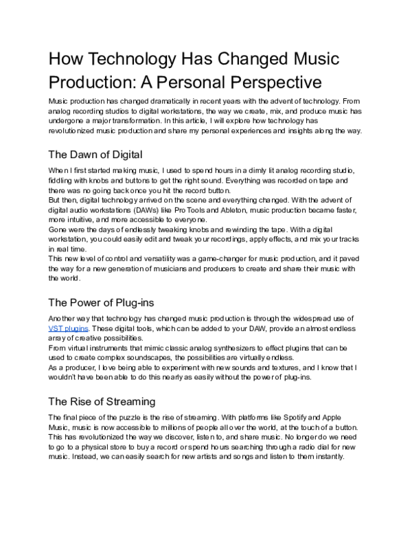 (PDF) How Technology Has Changed Music Production: A Personal Perspective