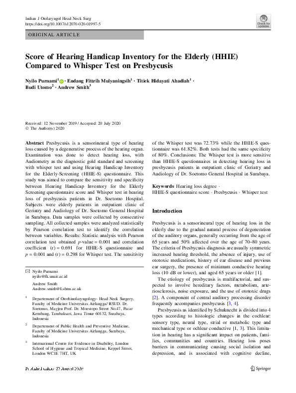(PDF) Score of Hearing Handicap Inventory for the Elderly (HHIE ...