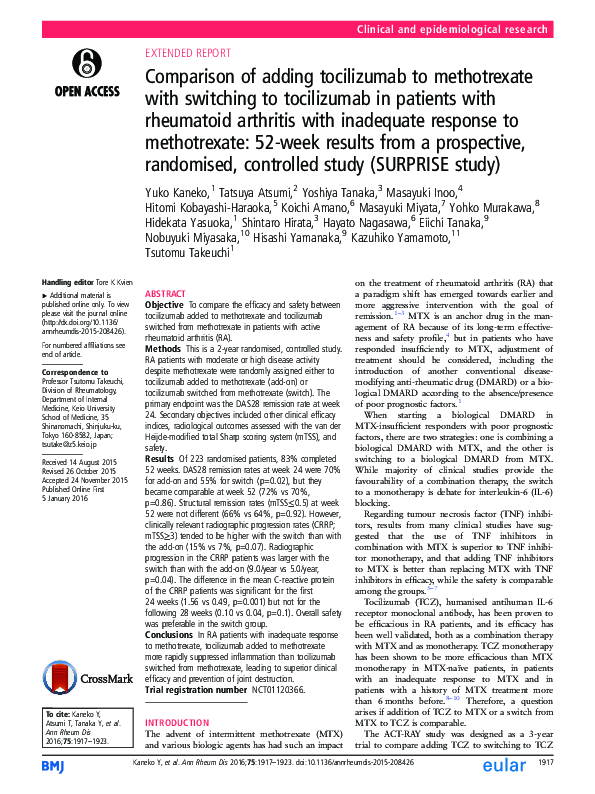 (PDF) Comparison of adding tocilizumab to methotrexate with switching to tocilizumab in patients ...