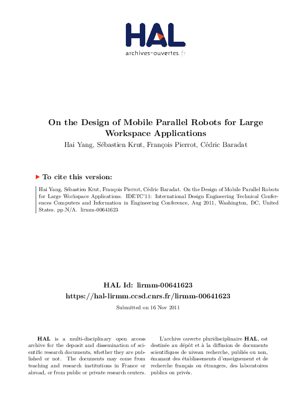 Pdf On The Design Of Mobile Parallel Robots For Large Workspace