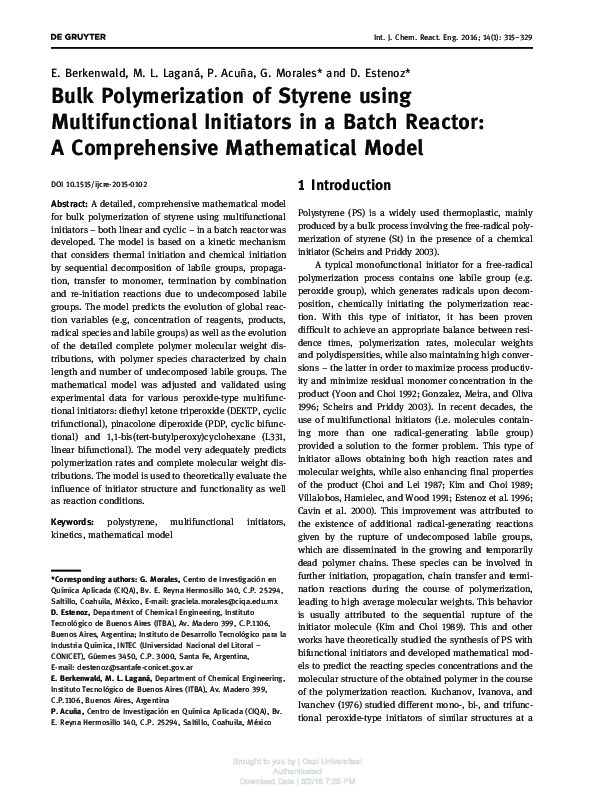 (PDF) Bulk Polymerization of Styrene using Multifunctional Initiators in a Batch Reactor: A ...