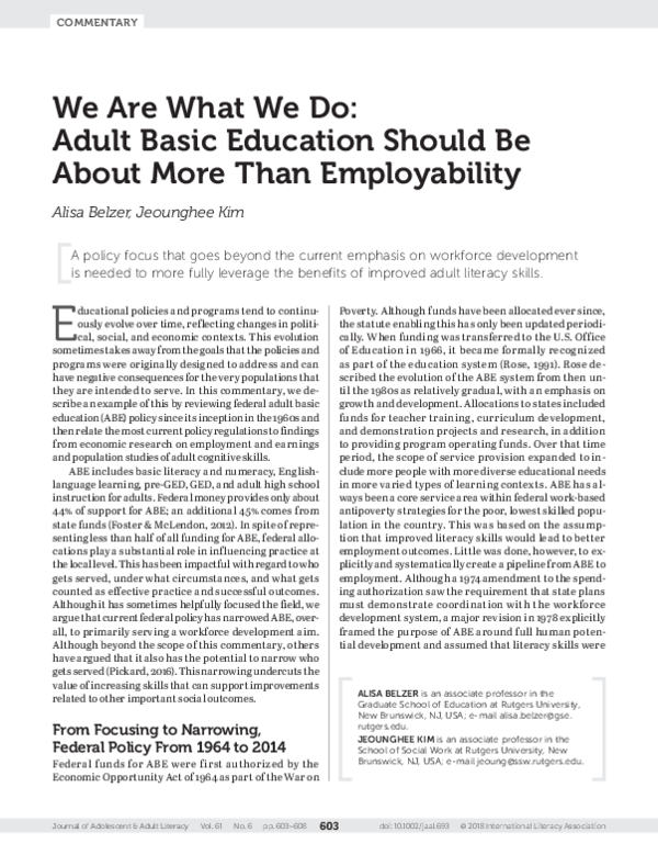 (PDF) We Are What We Do: Adult Basic Education Should Be About More ...