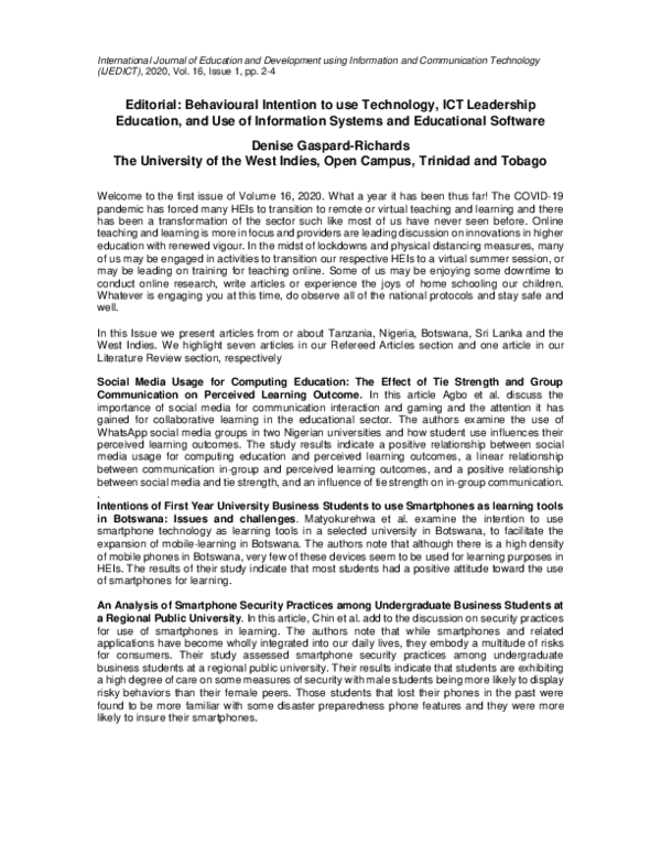 (PDF) Editorial: Behavioural Intention to use Technology, ICT ...