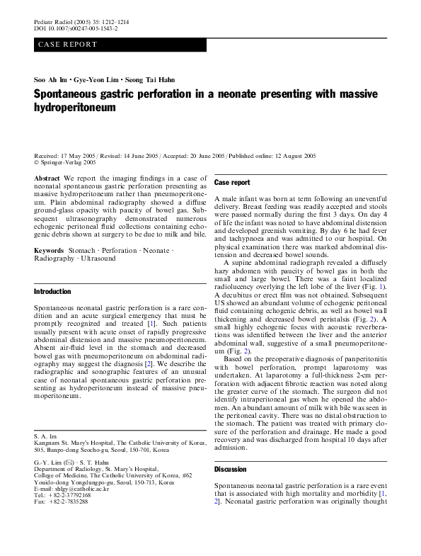 (PDF) Spontaneous gastric perforation in a neonate presenting with ...