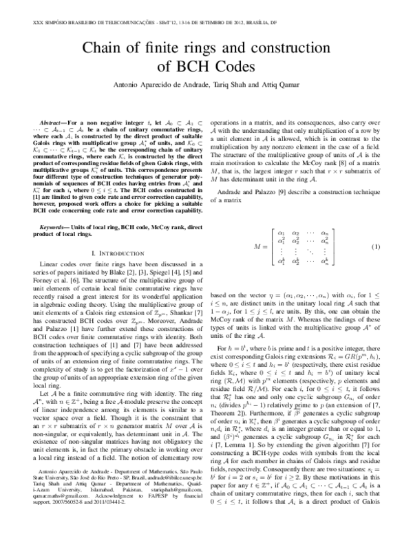 (PDF) Chain of finite rings and construction of BCH Codes