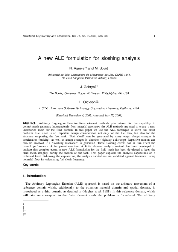 (PDF) A new ALE formualtion for sloshing analysis