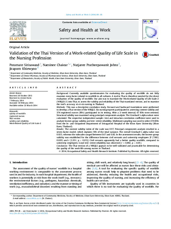 (PDF) Validation of the Thai Version of a Work-related Quality of Life ...