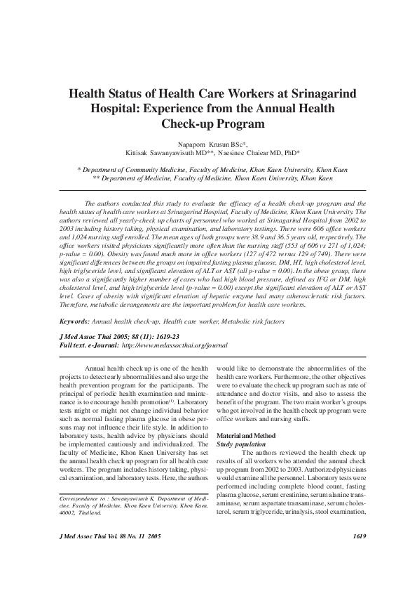 (PDF) Health status of health care workers at Srinagarind Hospital ...