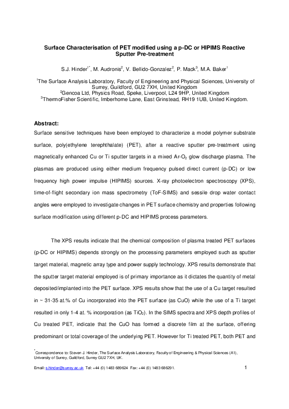 (PDF) Surface characterisation of PET modified using a p-DC or HIPIMS ...