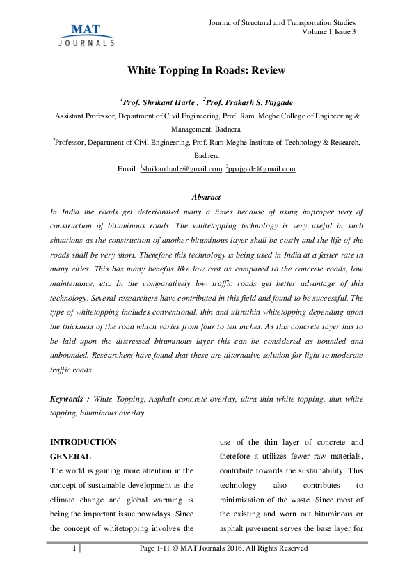 (PDF) White Topping In Roads: Review