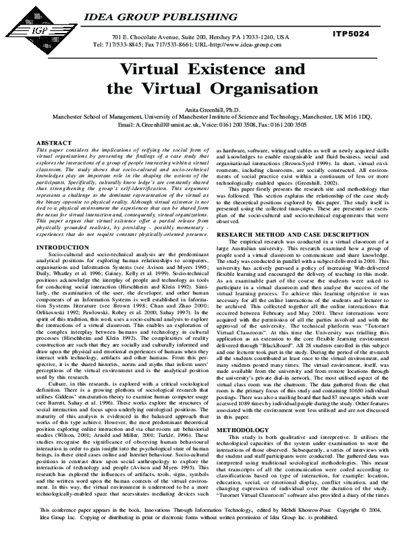 (PDF) Virtual Existence and the Virtual Organisation | Anita Greenhill - Academia.edu