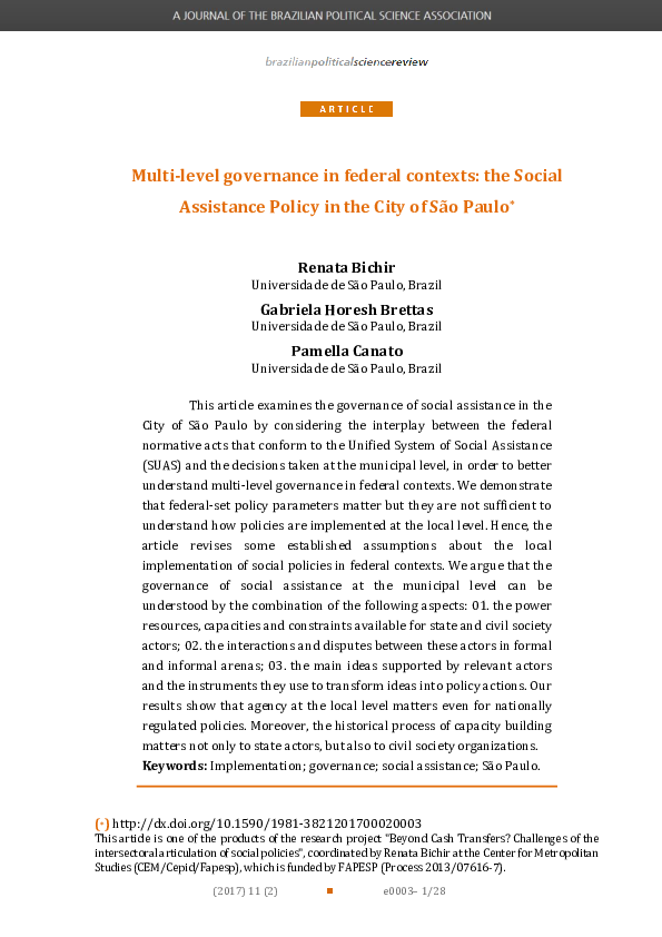 (PDF) Multi-level governance in federal contexts: the Social Assistance ...