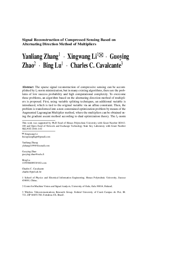 Pdf Signal Reconstruction Of Compressed Sensing Based On Alternating Direction Method Of