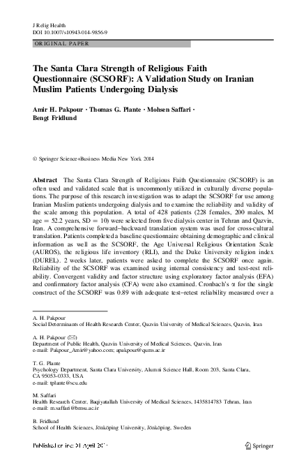 (PDF) The Santa Clara Strength of Religious Faith Questionnaire (SCSORF ...