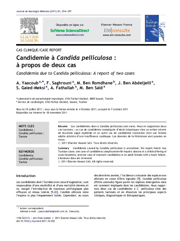 (PDF) Candidemie à Candida pelliculosa : à propos de deux cas
