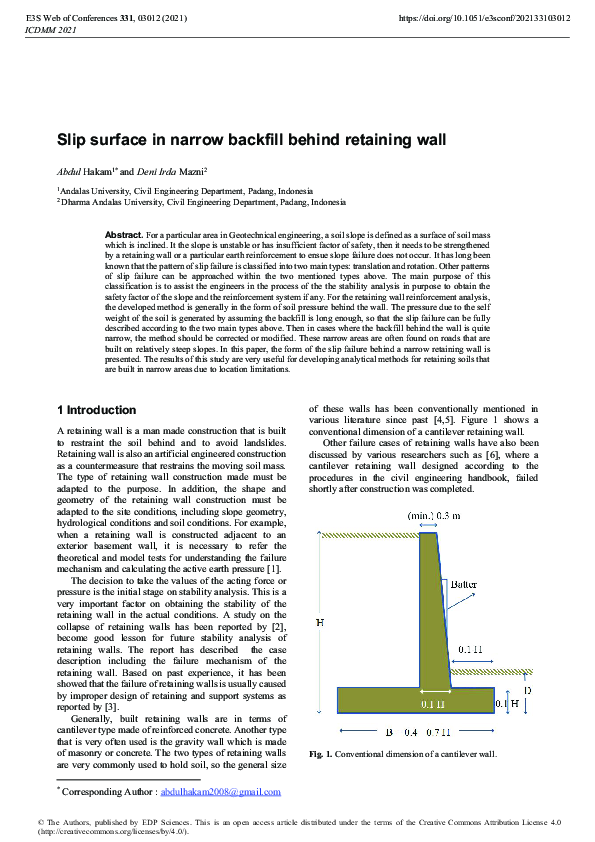 (PDF) Slip surface in narrow backfill behind retaining wall