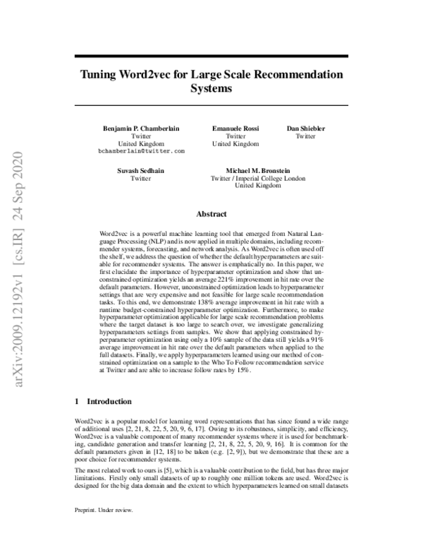 (PDF) Tuning Word2vec for Large Scale Recommendation Systems