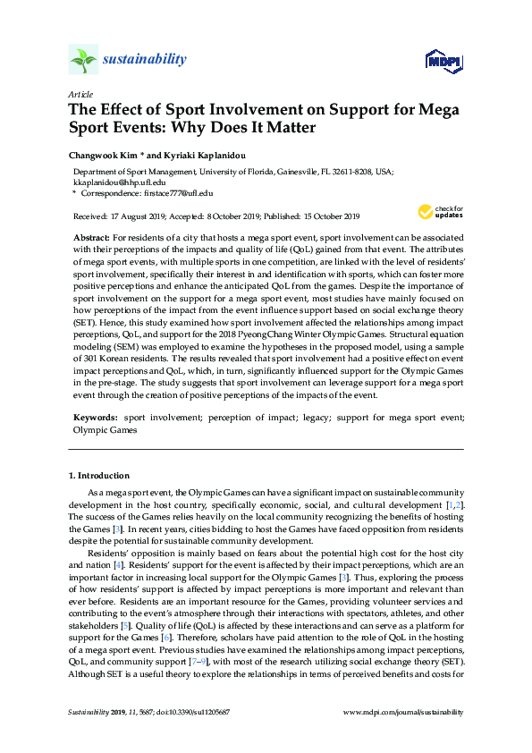 (PDF) The Effect of Sport Involvement on Support for Mega Sport Events ...