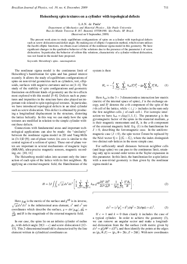 (PDF) Heisenberg spin textures on a cylinder with topological defects