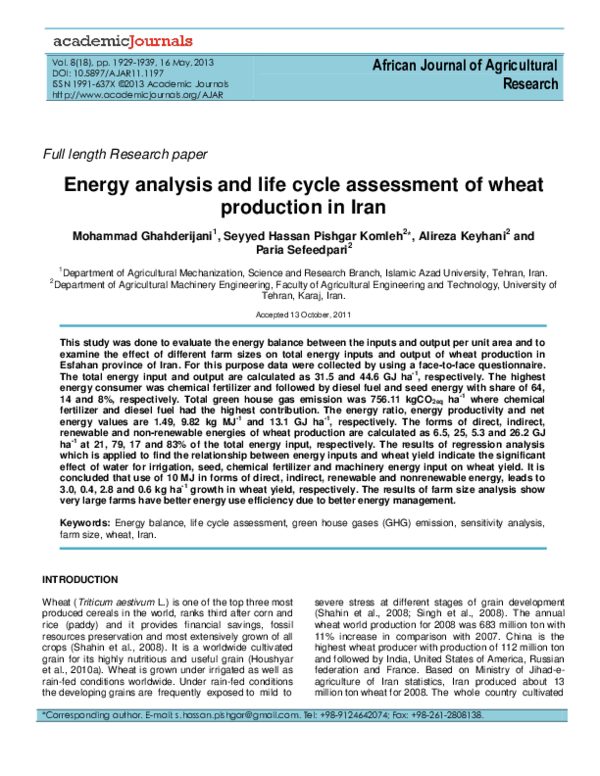 (PDF) Energy analysis and life cycle assessment of wheat production in Iran