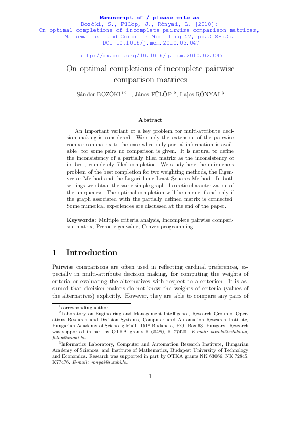 Pdf On Optimal Completion Of Incomplete Pairwise Comparison Matrices