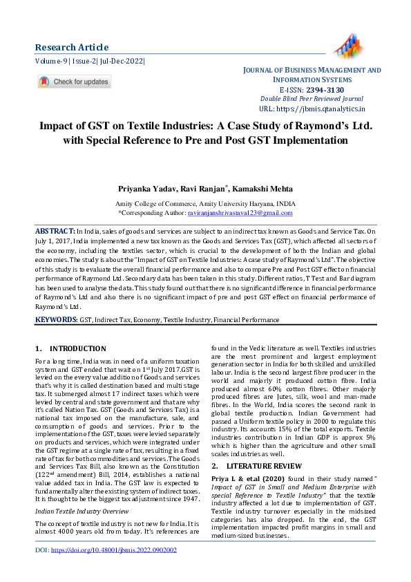 (PDF) Impact of GST on Textile Industries: A Case Study of Raymond’s ...