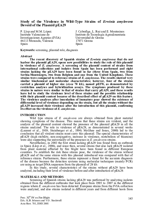 (PDF) STUDY OF THE VIRULENCE IN WILD-TYPE STRAINS OF ERWINIA AMYLOVORA ...