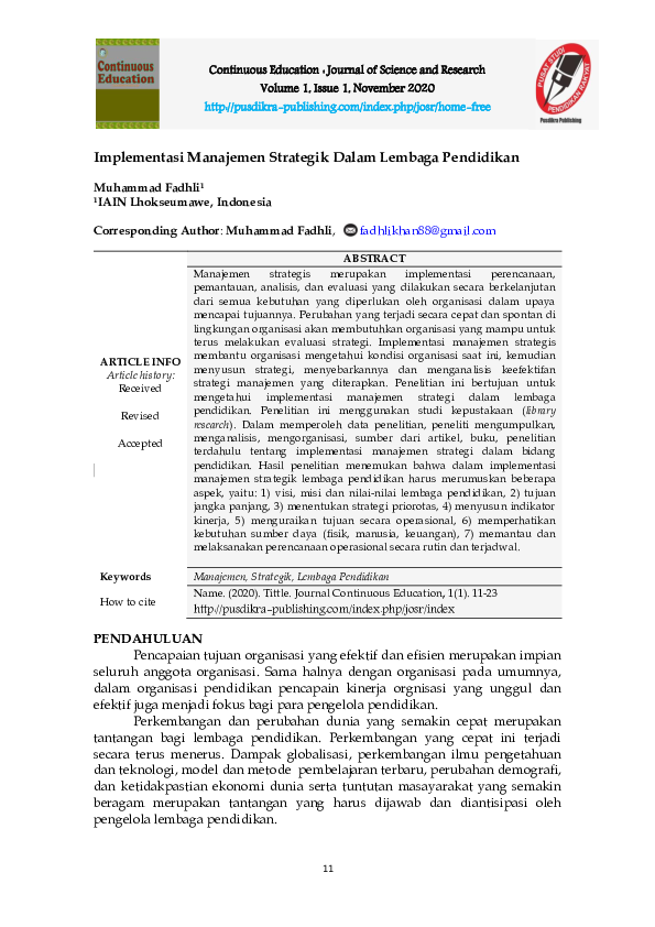 (PDF) Implementasi Manajemen Strategik Dalam Lembaga Pendidikan