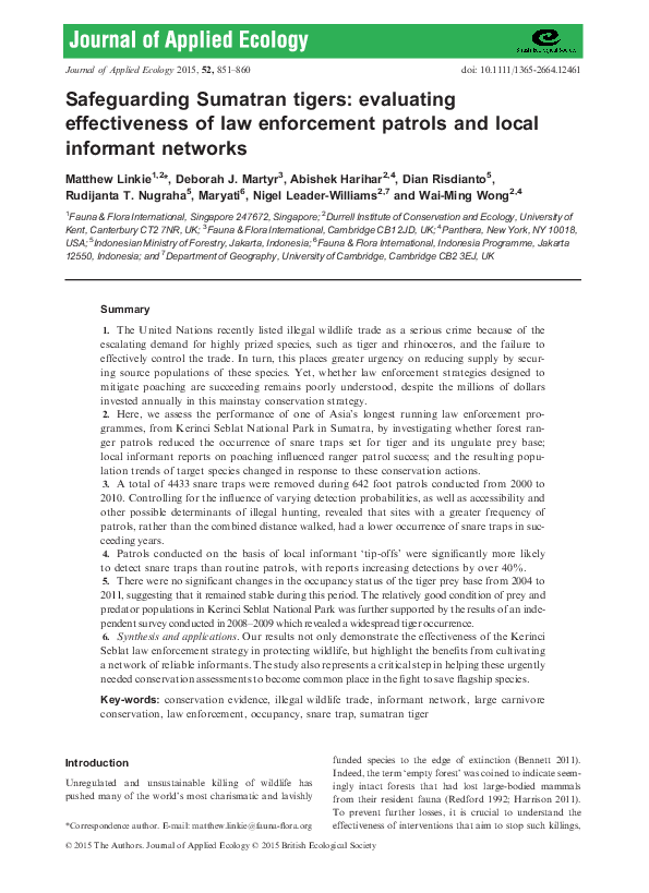 (PDF) EDITOR'S CHOICE: Safeguarding Sumatran tigers: evaluating ...