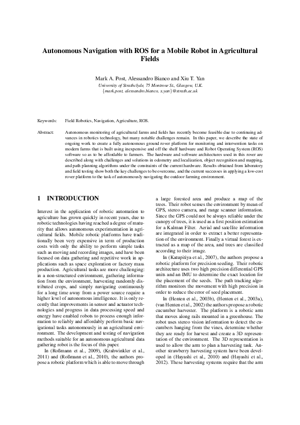 (PDF) Autonomous Navigation with ROS for a Mobile Robot in Agricultural Fields