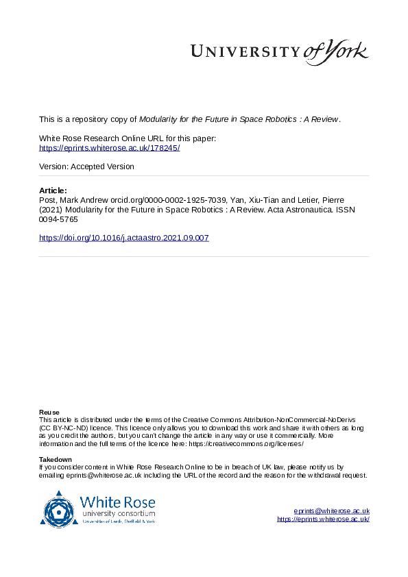 Pdf Modularity For The Future In Space Robotics A Review