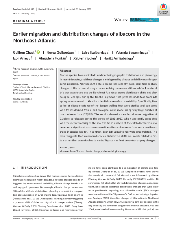(PDF) Earlier migration and distribution changes of albacore in the ...