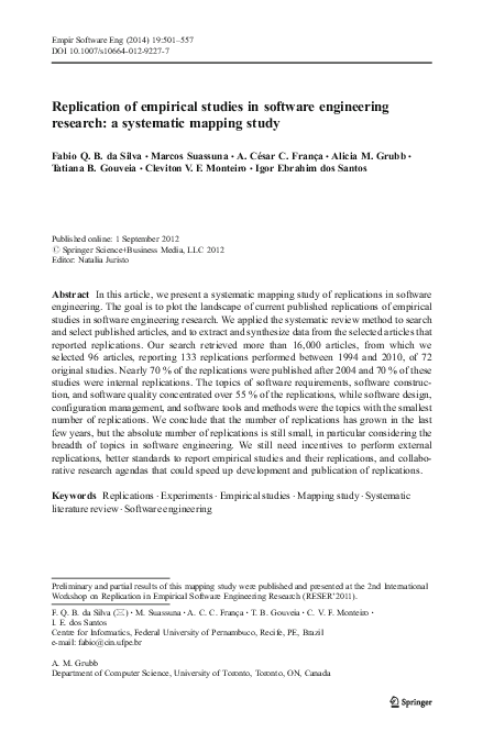 (PDF) Replication of empirical studies in software engineering research: a systematic mapping study