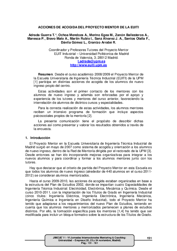 (PDF) Acciones de acogida del proyecto mentor de la EUITI