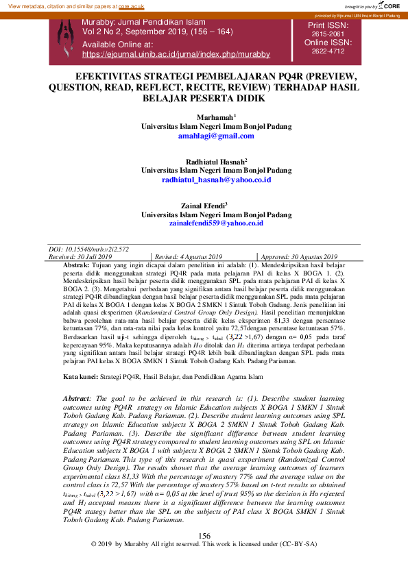 (PDF) Efektivitas Strategi Pembelajaran PQ4R (Preview, Question, Read, Reflect, Recite, Review ...