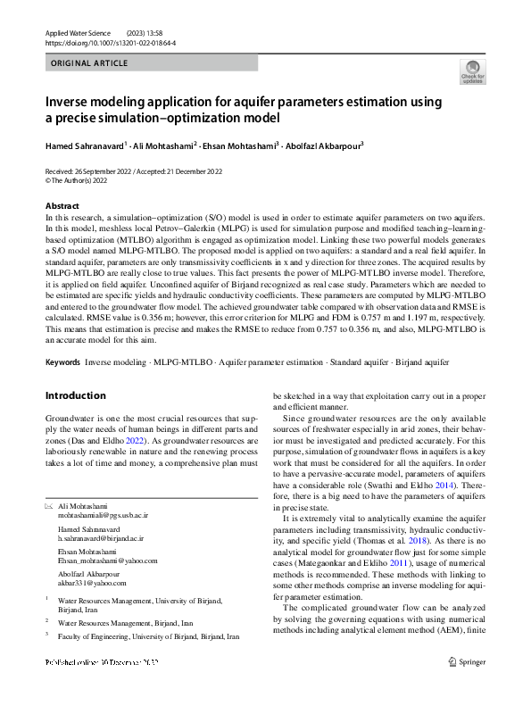 Pdf Inverse Modeling Application For Aquifer Parameters Estimation Using A Precise Simulation