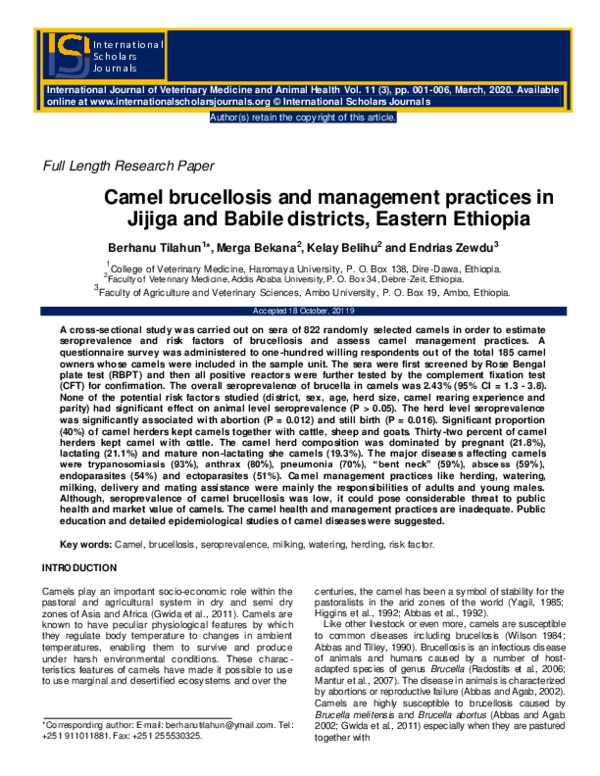 (PDF) Camel brucellosis and management practices in Jijiga and Babile districts, Eastern Ethiopia