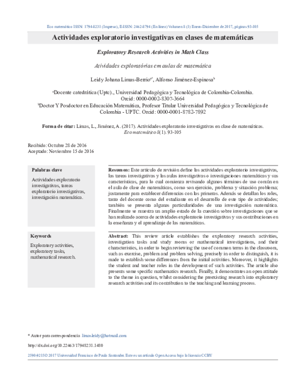 (PDF) Actividades exploratorio investigativas en clases de matemáticas