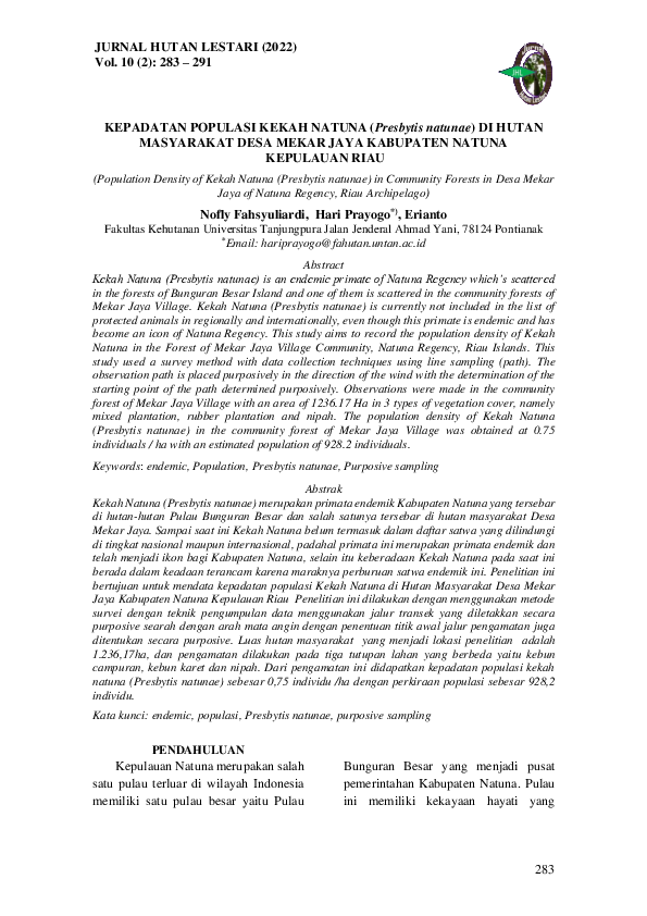(PDF) KEPADATAN POPULASI KEKAH NATUNA (Presbytis natunae) DI HUTAN ...