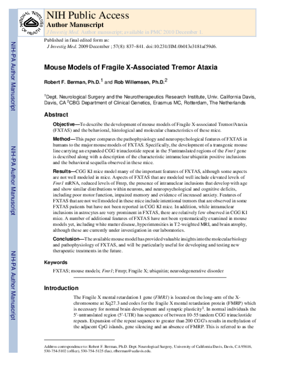 (PDF) Mouse Models of Fragile X-Associated Tremor Ataxia