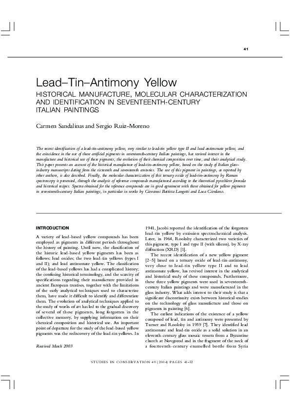 (PDF) Lead–Tin–Antimony Yellow - Historical Manufacture, Molecular ...