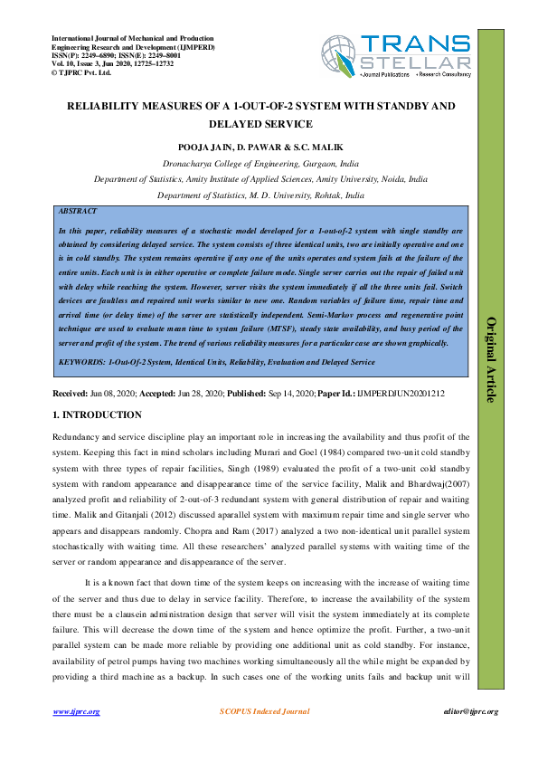 (PDF) Reliability Measures of a 1-Out-of-2 System with Standby and ...