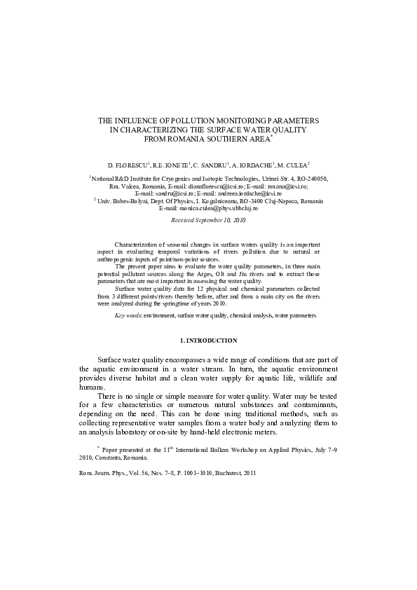 (PDF) The influence of pollution monitoring parameters in characterizing the surface water ...