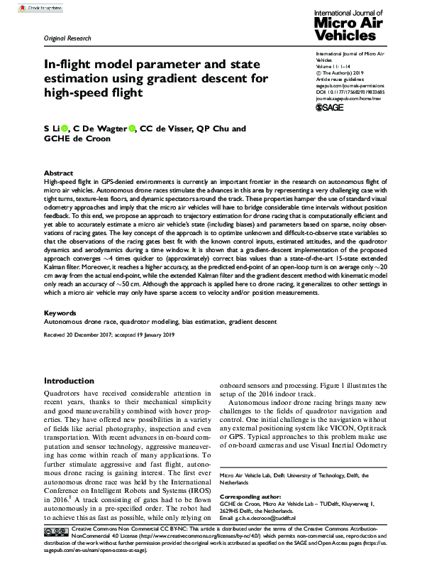 Pdf In Flight Model Parameter And State Estimation Using Gradient Descent For High Speed Flight