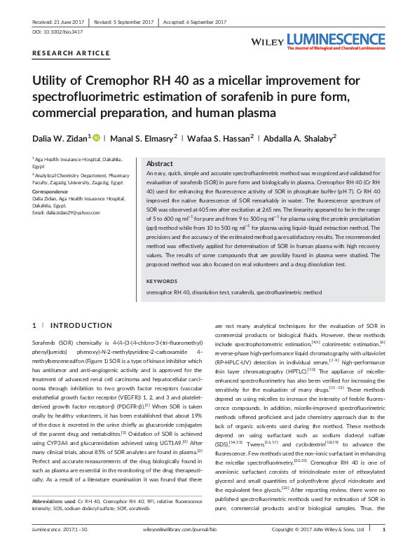 (PDF) Utility of Cremophor RH 40 as a micellar improvement for ...