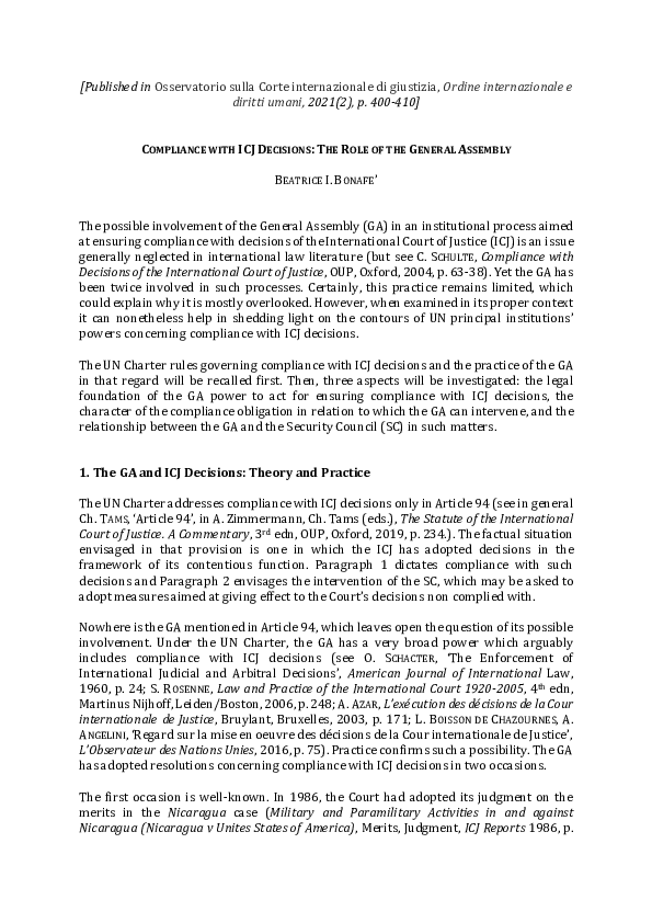 (PDF) COMPLIANCE WITH ICJ DECISIONS: THE ROLE OF THE GENERAL ASSEMBLY