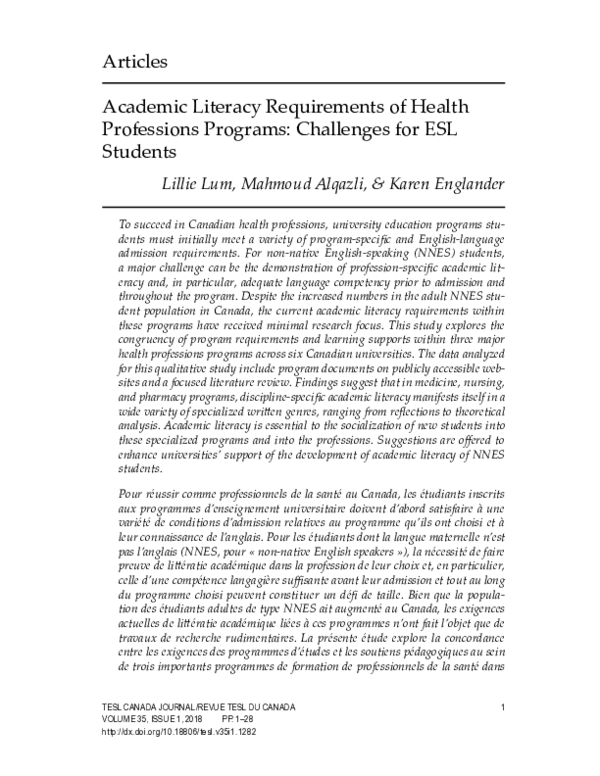 (PDF) Academic Literacy Challenges for ESL in Health