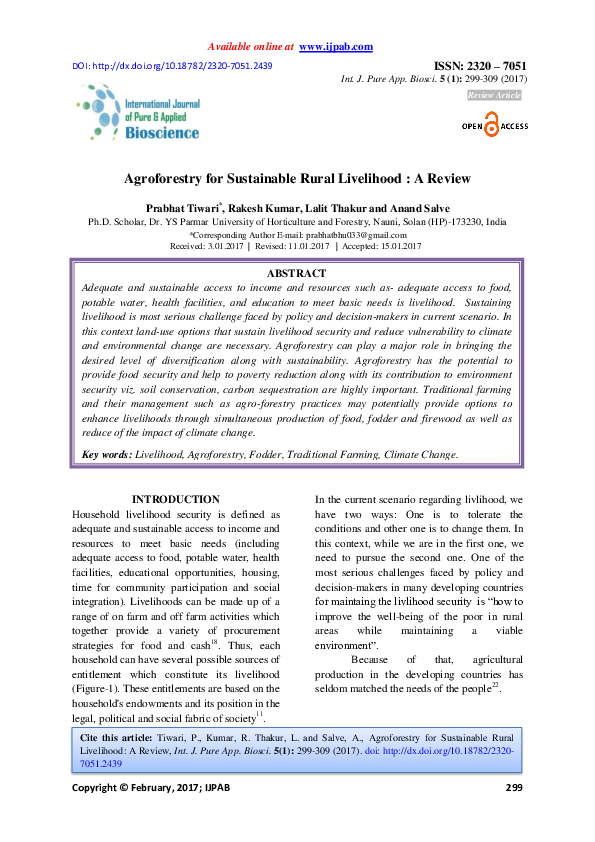 (PDF) Agroforestry for Sustainable Rural Livelihood : A Review