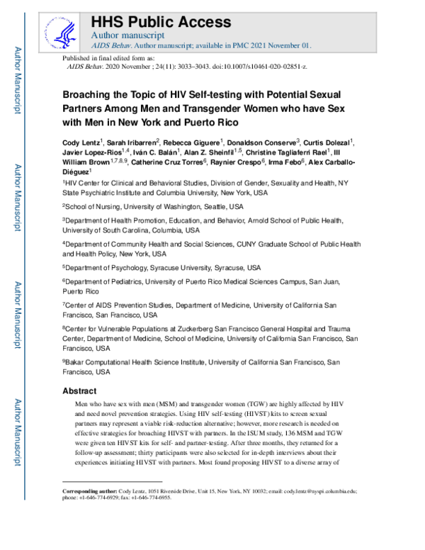 (PDF) Broaching the Topic of HIV Self-testing with Potential Sexual ...