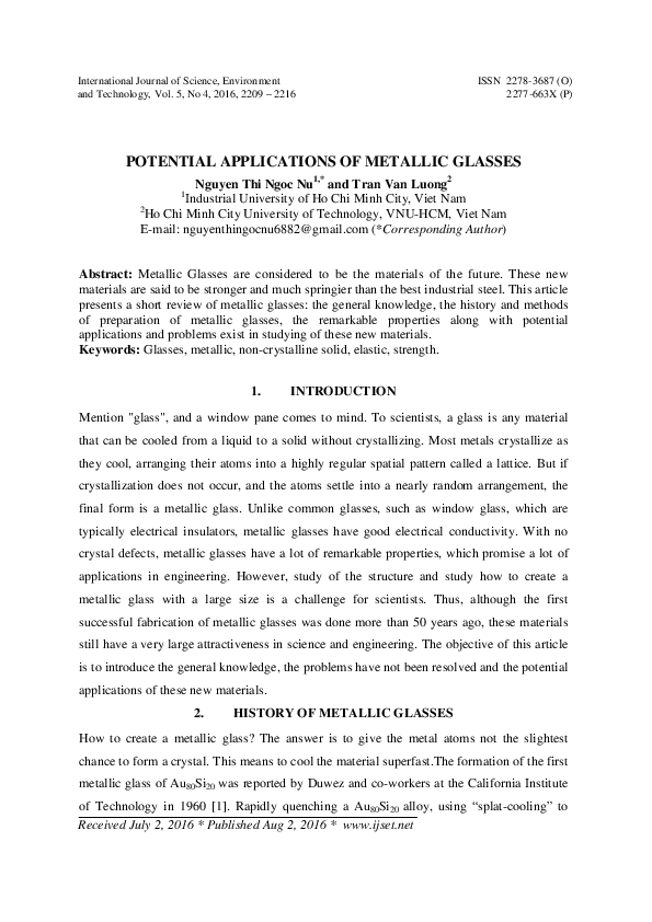 (PDF) Potential Applications of Metallic Glasses